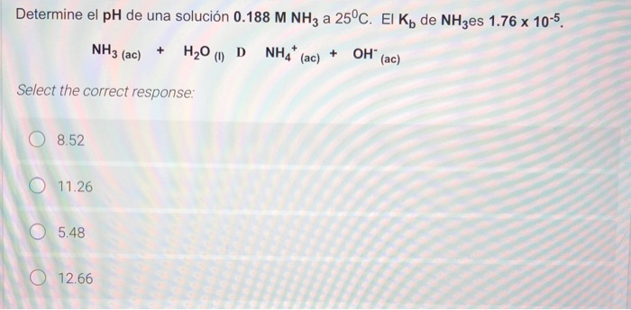 Solved Determine el pH de una solución 0.188 M NH3 a 25°C. | Chegg.com