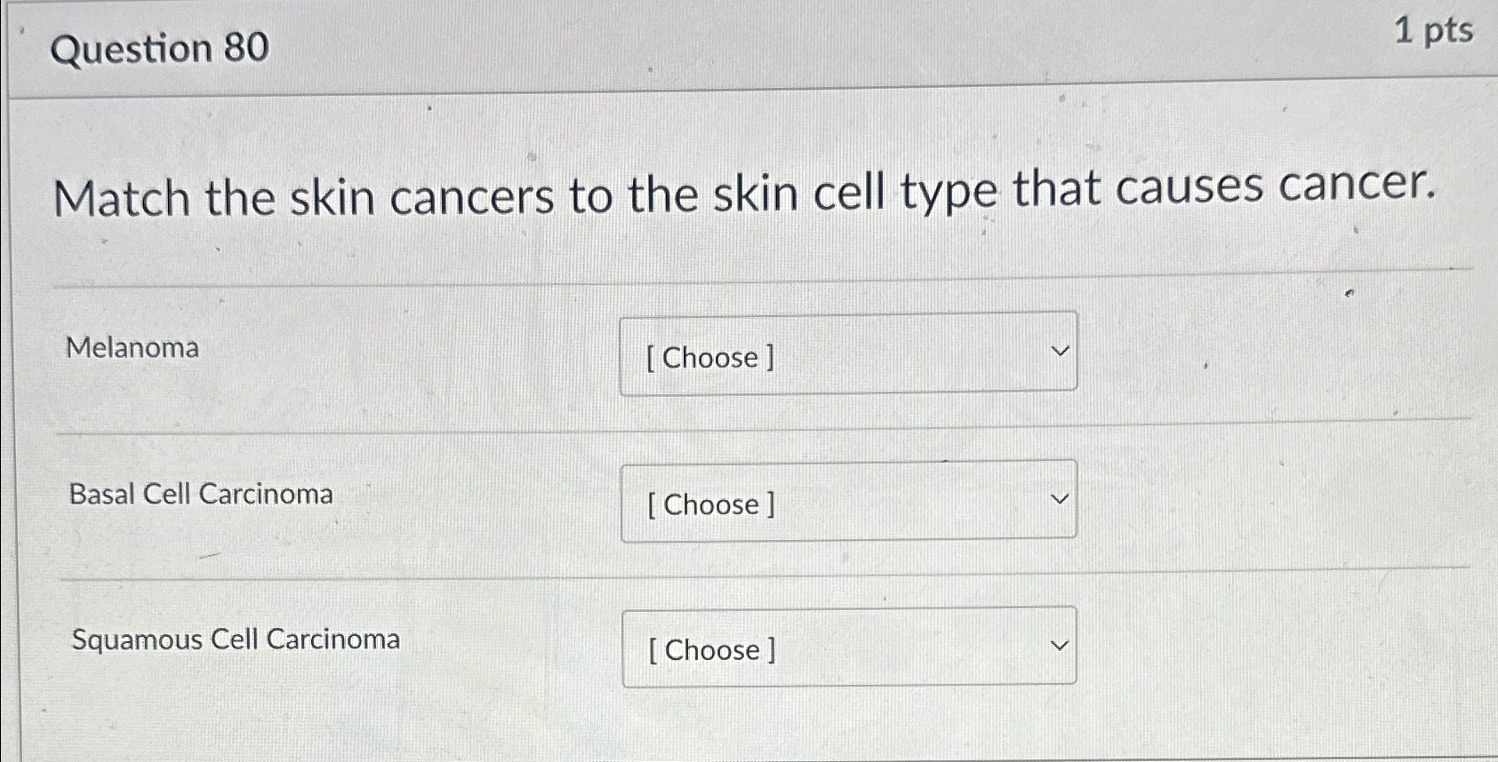 Solved Question 801ptsMatch the skin cancers to the skin | Chegg.com