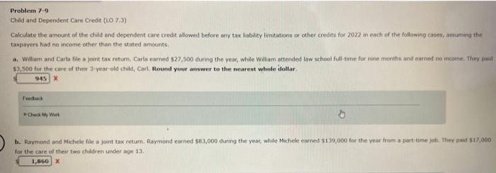Problem 7-9 Child and Dependent Care Credit (207.3) | Chegg.com