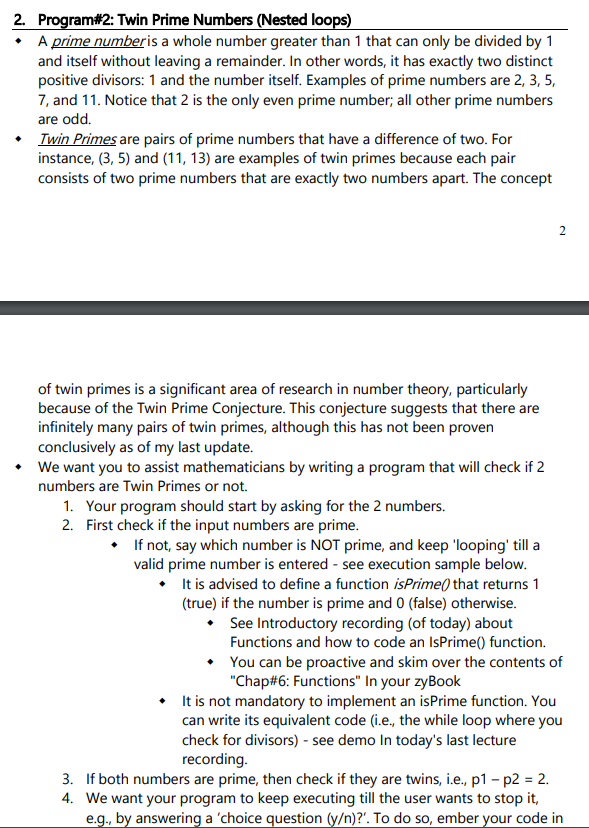 Solved 2. ﻿Program#2: Twin Prime Numbers (Nested loops) ﻿A | Chegg.com