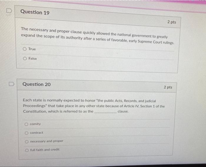 Solved D Question 19 2 pts The necessary and proper clause | Chegg.com