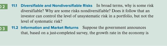 Solved 11.1 Diversifiable and Nondiversifiable Risks In | Chegg.com