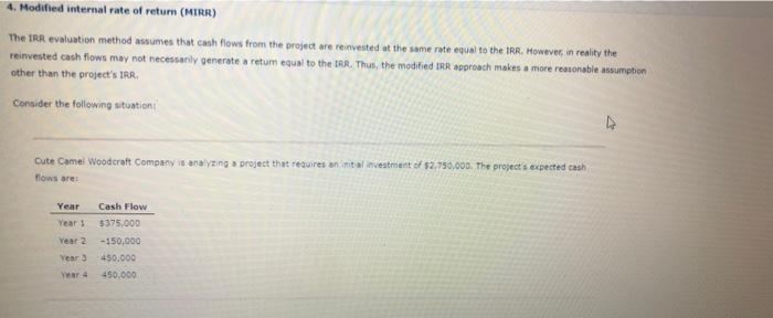 Solved 4. Modified internal rate of return (MIRA) The IRR | Chegg.com
