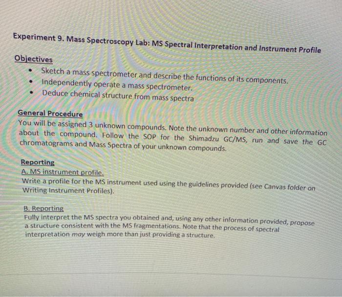 Experiment 9. Mass Spectroscopy Lab: MS Spectral | Chegg.com