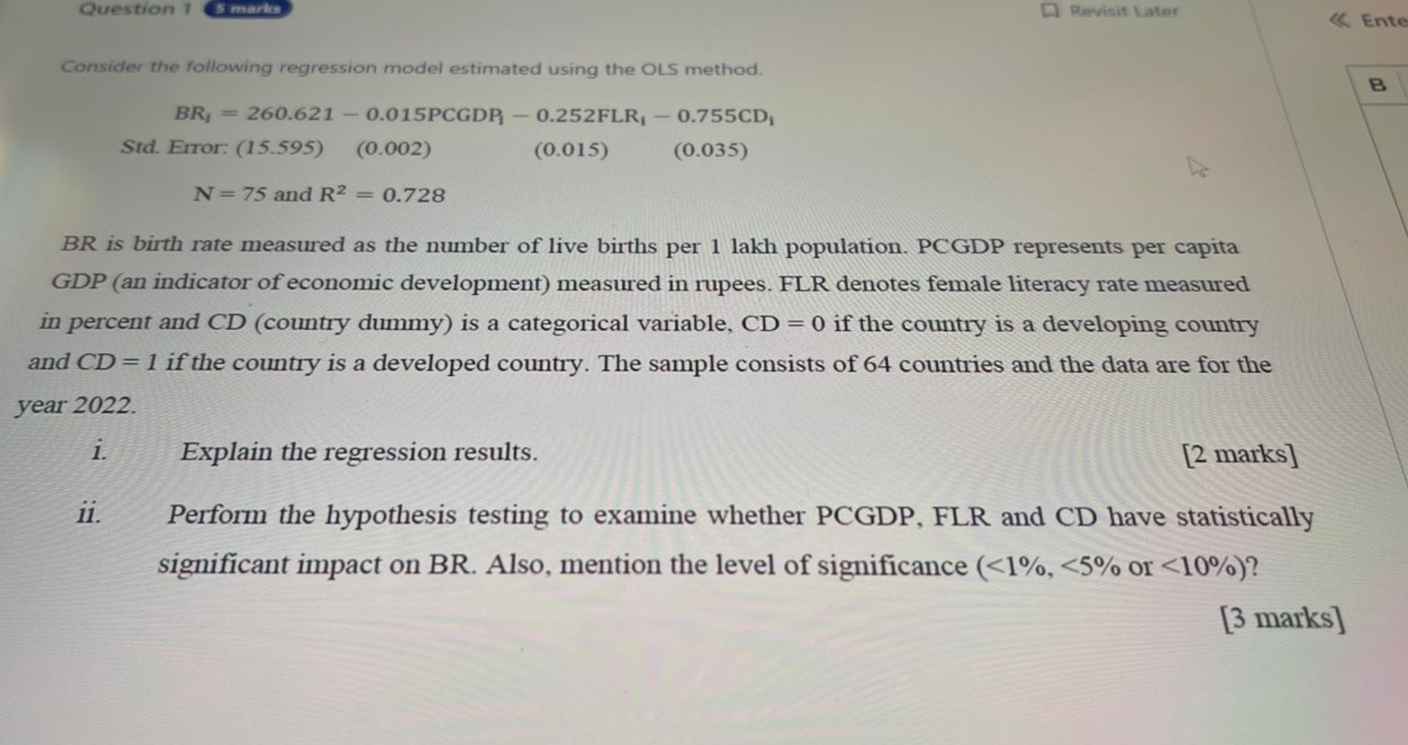 Solved Consider the following regression model estimated | Chegg.com