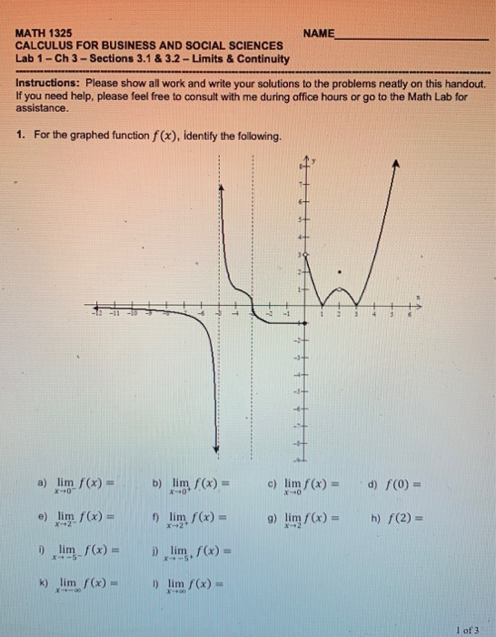 Solved MATH 1325 NAME CALCULUS FOR BUSINESS AND SOCIAL | Chegg.com