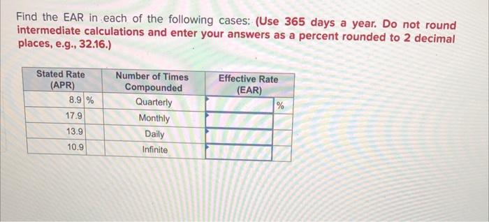 Solved Find the EAR in each of the following cases: (Use 365 | Chegg.com