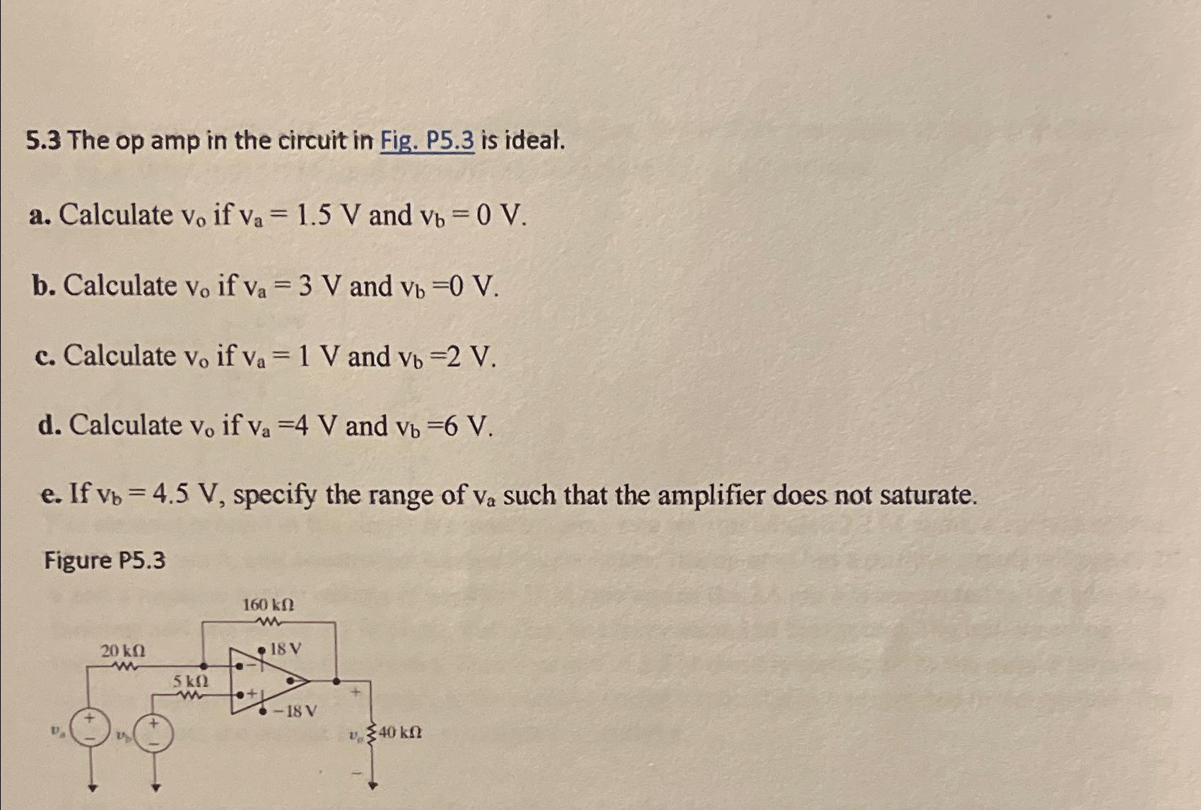 Solved 5.3 ﻿The op amp in the circuit in Fig. P5.3 ﻿is | Chegg.com