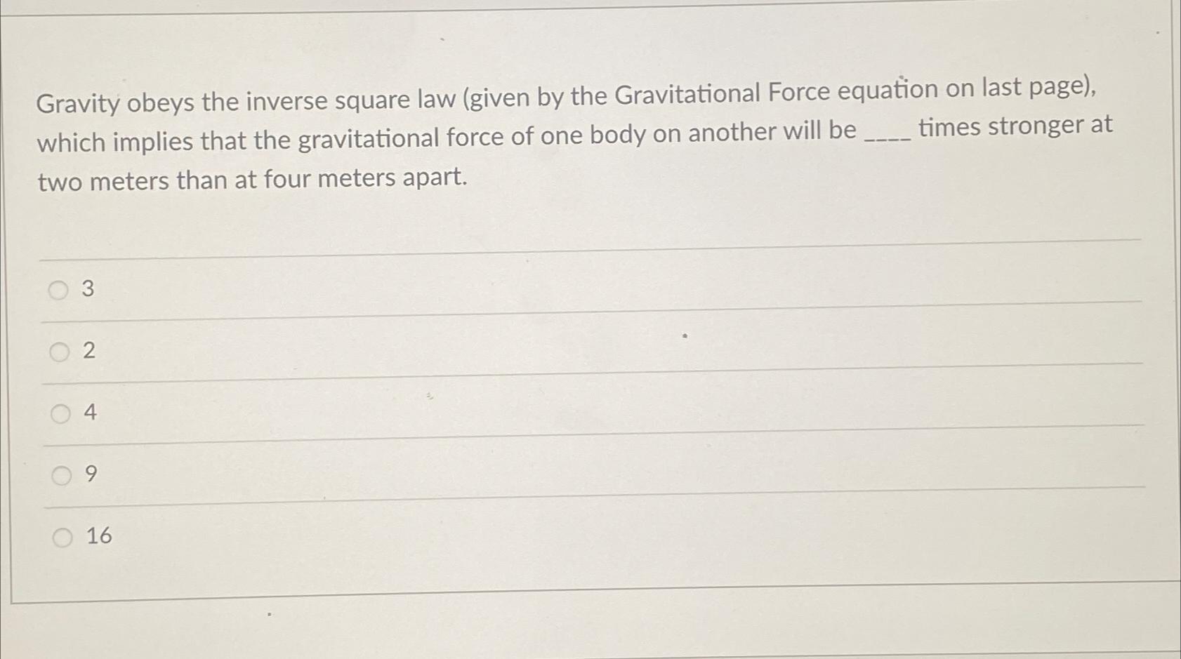 Solved Gravity obeys the inverse square law (given by the | Chegg.com