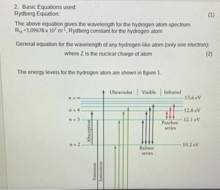 (1) 2. Basic Equations used: Rydberg Equation: The | Chegg.com