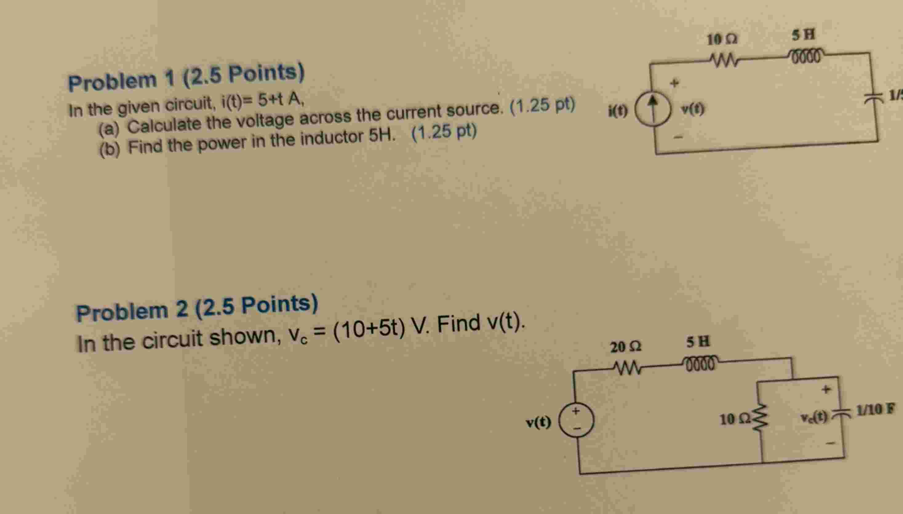 Problem 1 ﻿In ﻿the given circuit, i(t)=5+tA,(a) | Chegg.com