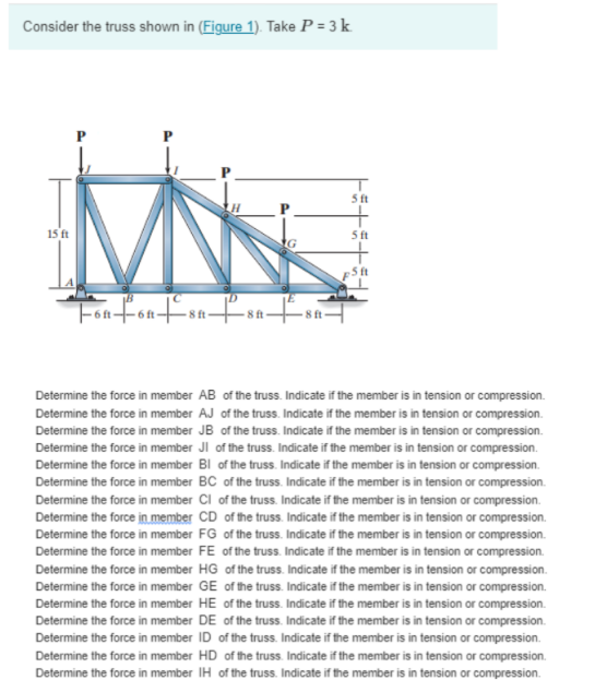 [Solved]: Consider the truss shown in (Figure 1). Take P=3k