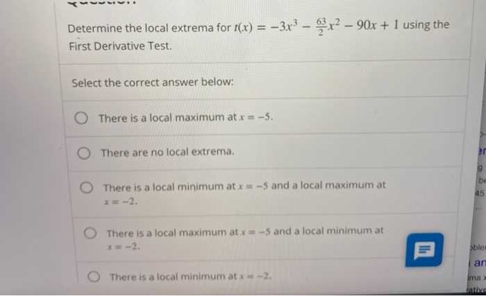 Solved Determine the local extrema for f(x) = -3x3 - 3x2 – | Chegg.com