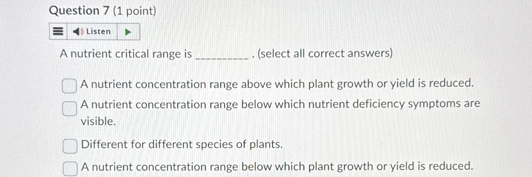 Solved Question 7 (1 ﻿point)A nutrient critical range is | Chegg.com