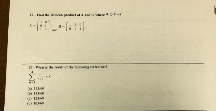 Solved 12 Find The Boolean Product Of A And B Where A Ob 1 