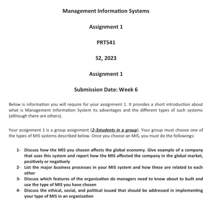 Solved Management Information Systems Submission Date: Week | Chegg.com