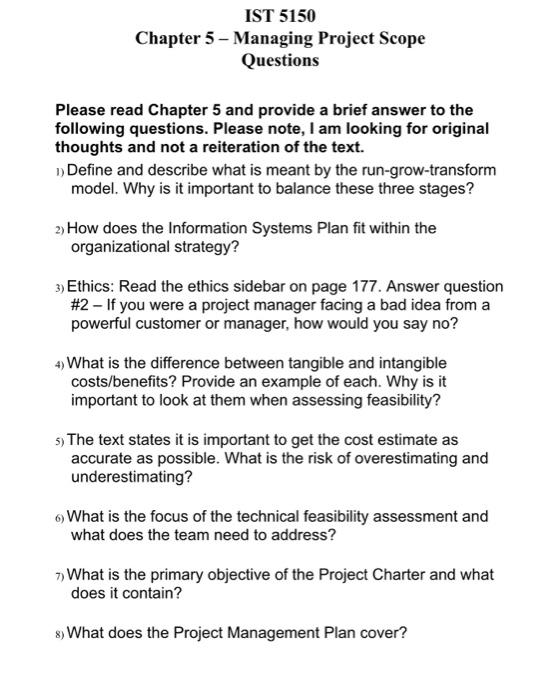 Solved IST 5150 Chapter 5 - Managing Project Scope Questions | Chegg.com