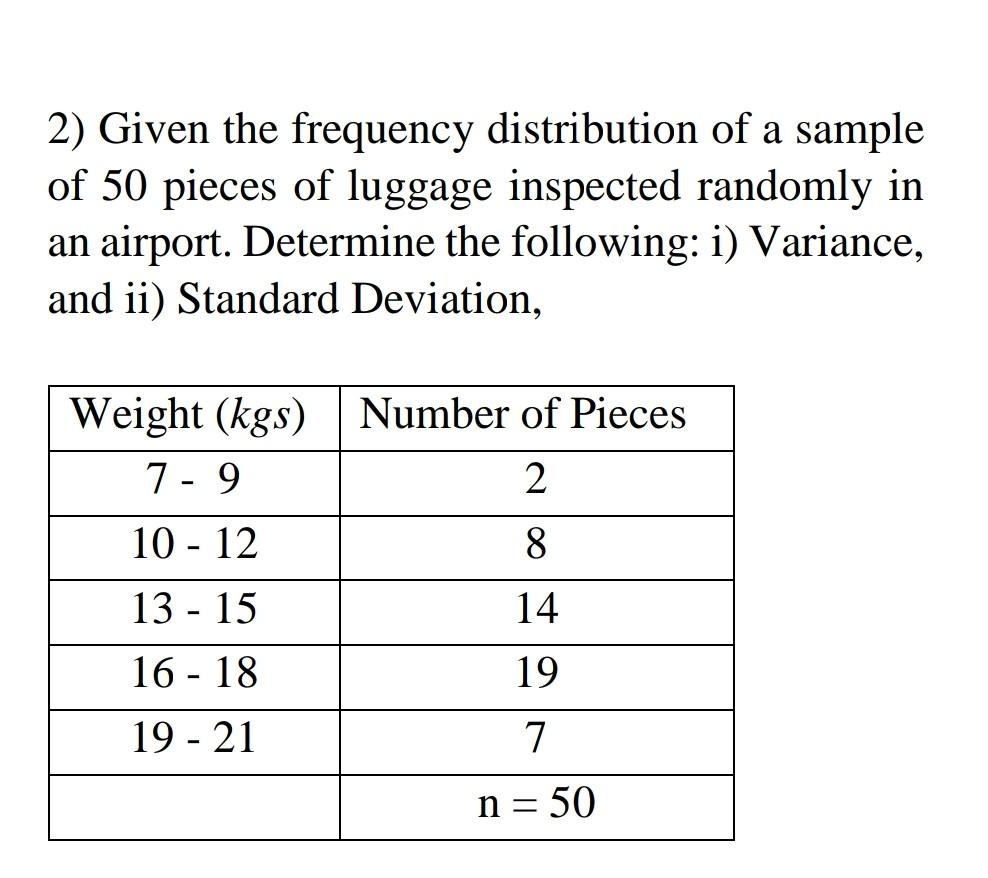 Solved 2) Given the frequency distribution of a sample of 50 | Chegg.com
