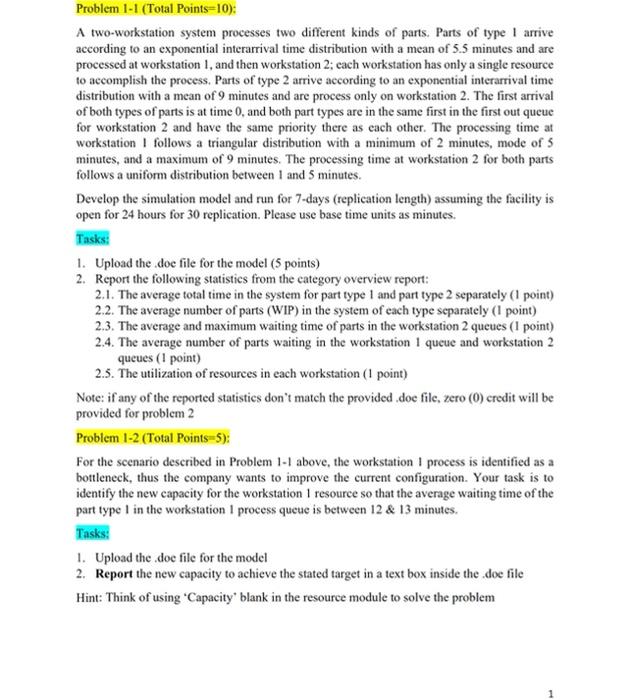 Solved Problem 1-1 (Total Points=10): A two-workstation | Chegg.com