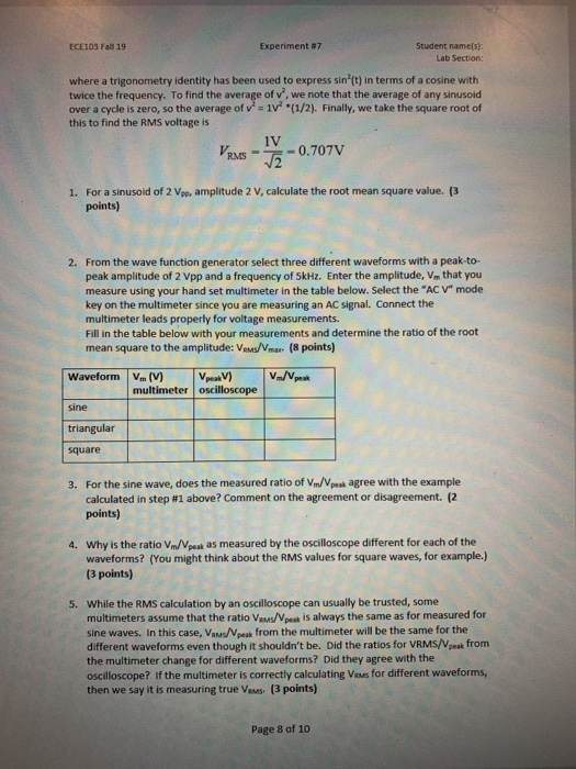 Solved ECE 103 Fall 19 Experiment #7 Student names Lab | Chegg.com