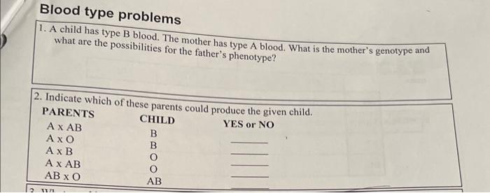 Solved 1. A child has type B blood. The mother has type A | Chegg.com