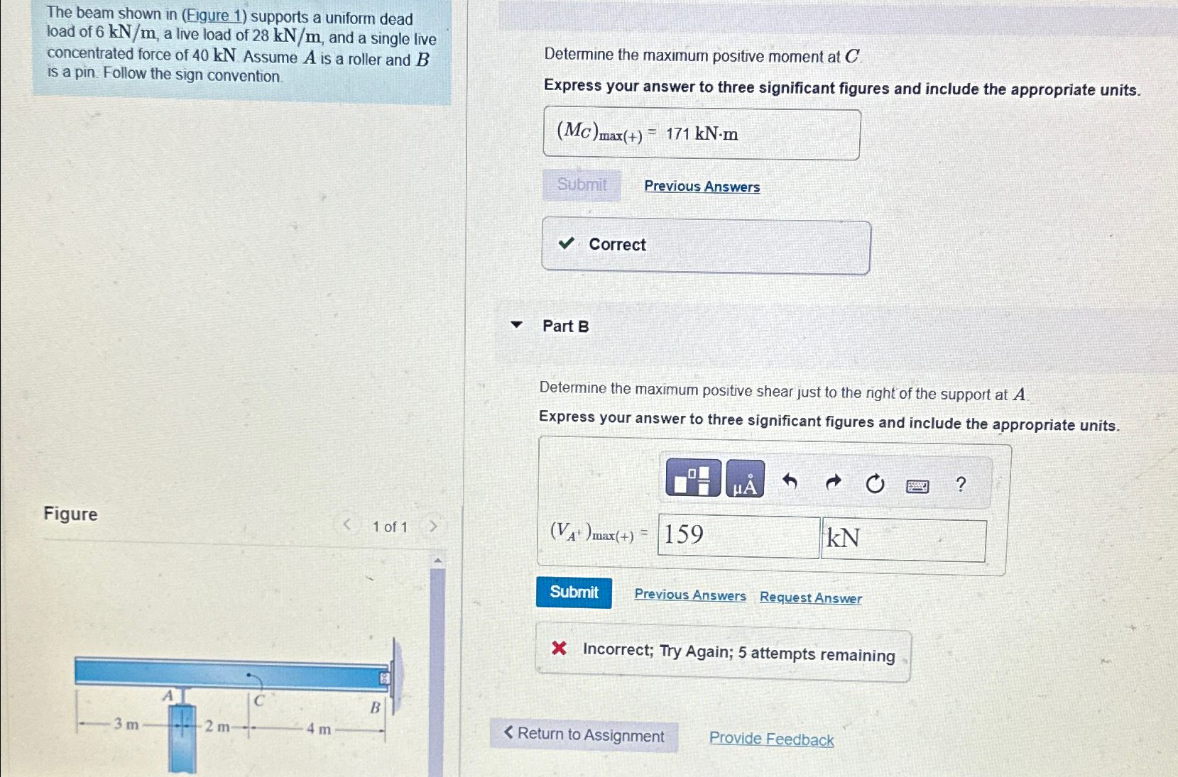 Solved The beam shown in (Figure 1) ﻿supports a uniform dead | Chegg.com