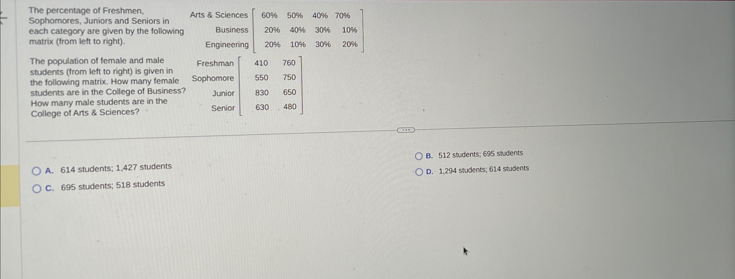 Solved The percentage of Freshmen, Sophomores, Juniors and | Chegg.com