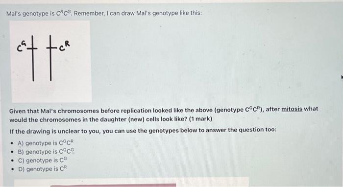 Solved Mal's genotype is CRCG. Remember, I can draw Mal's | Chegg.com