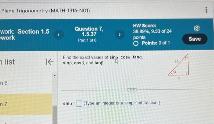 Solved Plane Trigonometry (MATH-1316-NO1) work: Section 1.5 | Chegg.com