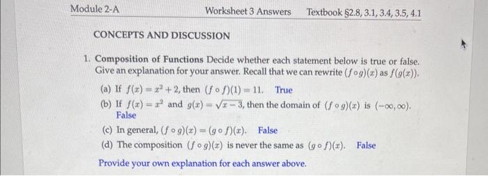 Solved 1. Composition of Functions Decide whether each | Chegg.com