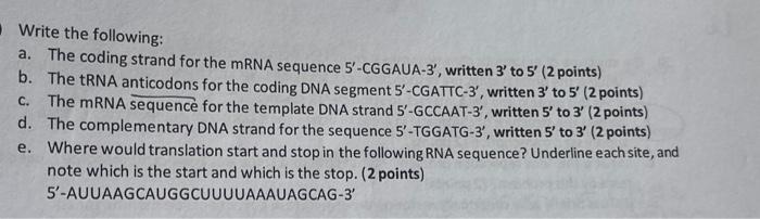 Solved Write the following: a. ﻿The coding strand for the | Chegg.com
