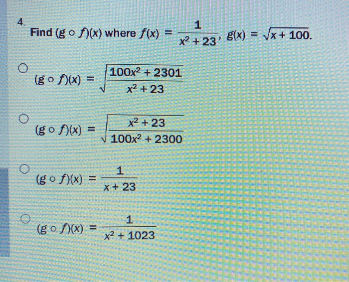 Solved 4. Find (gof)(x) where f(x) = x2 + 23' · g(x) = (x + | Chegg.com