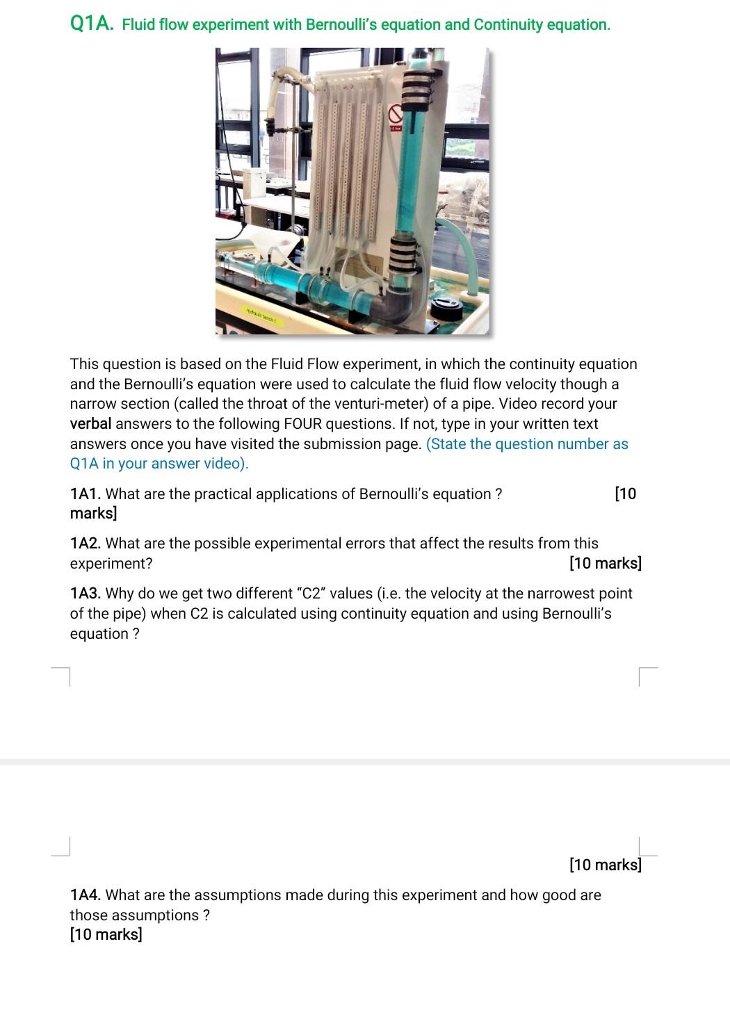 Solved Q1A. Fluid flow experiment with Bernoulli's equation | Chegg.com