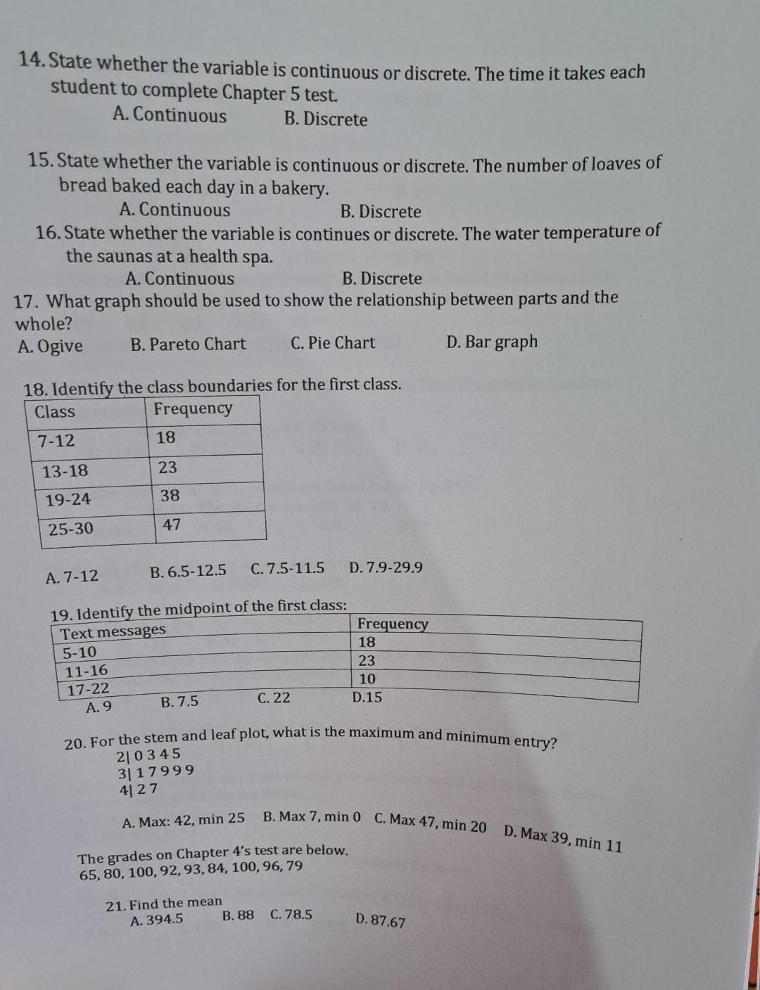 Solved 14. State whether the variable is continuous or | Chegg.com