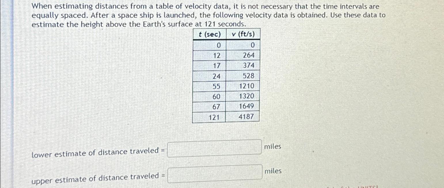 Solved When estimating distances from a table of velocity | Chegg.com