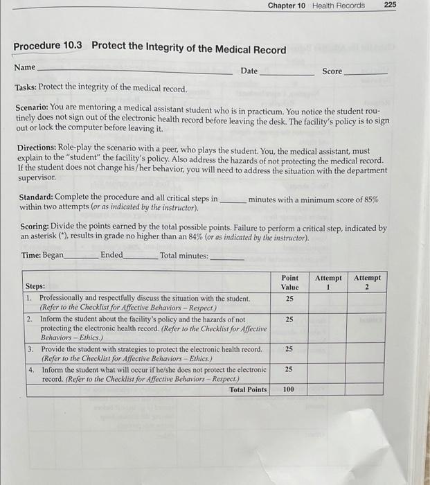 Chapter 10 Health Records 225 Procedure 10.3 Protect | Chegg.com