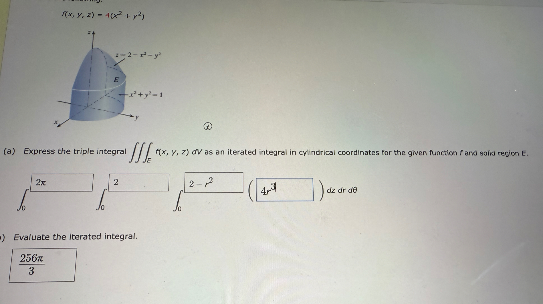 Solved f(x,y,z)=4(x2 y2)(i)(a) ﻿Express the triple integral | Chegg.com