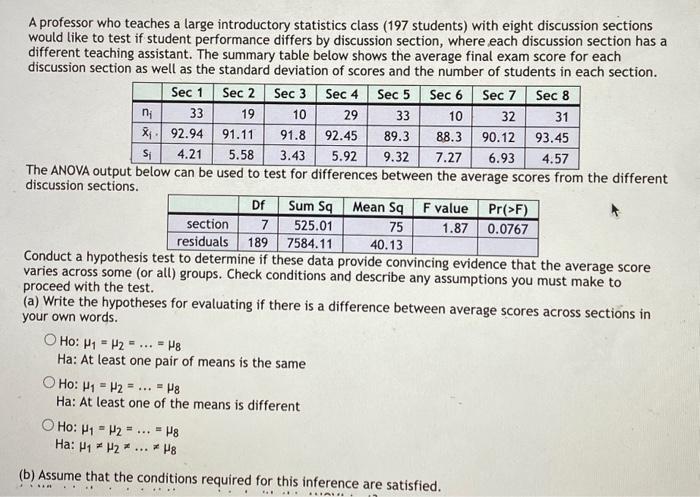 Solved A professor who teaches a large introductory | Chegg.com