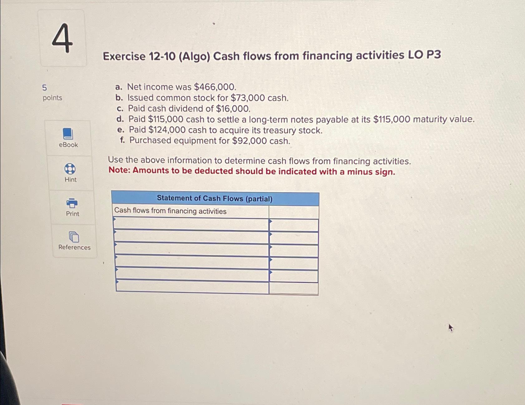 Solved 4Exercise 12-10 (Algo) ﻿Cash flows from financing | Chegg.com