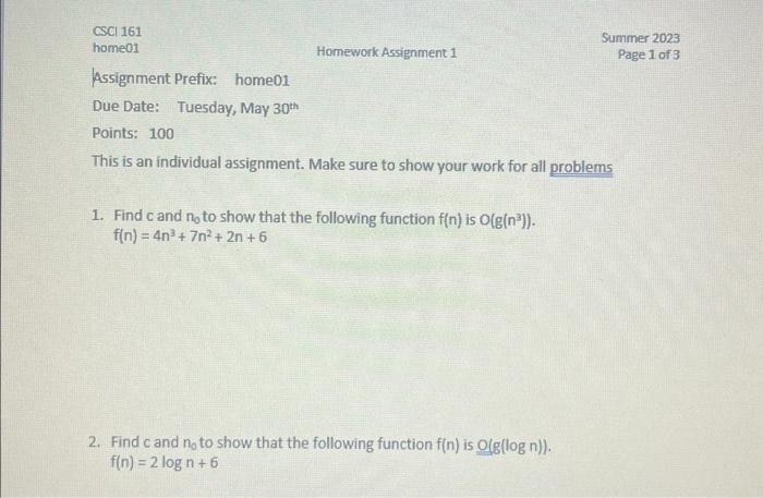 Solved 1. Find c and n0 to show that the following function | Chegg.com