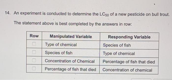 Solved 14. An experiment is conducted to determine the LC50 | Chegg.com