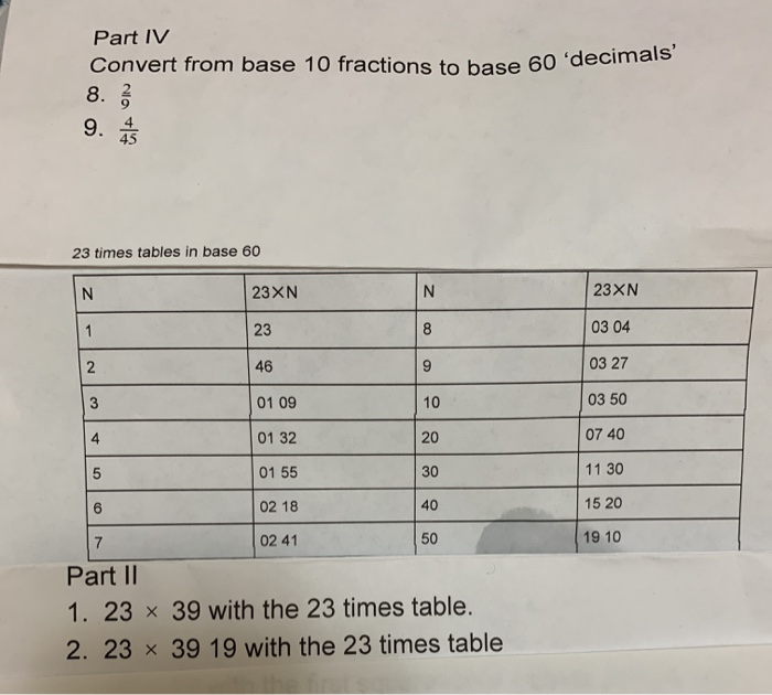 Solved Part IV Convert from base 10 fractions to base 60 | Chegg.com