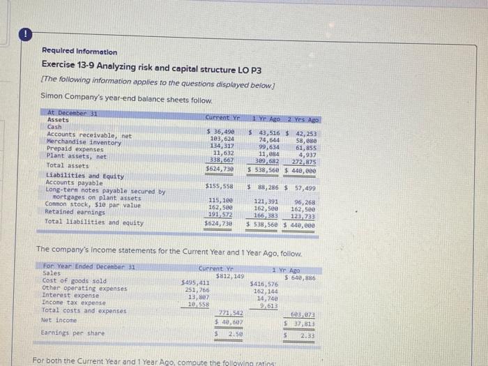 Solved Required Information Exercise 13-9 Analyzing risk and | Chegg.com