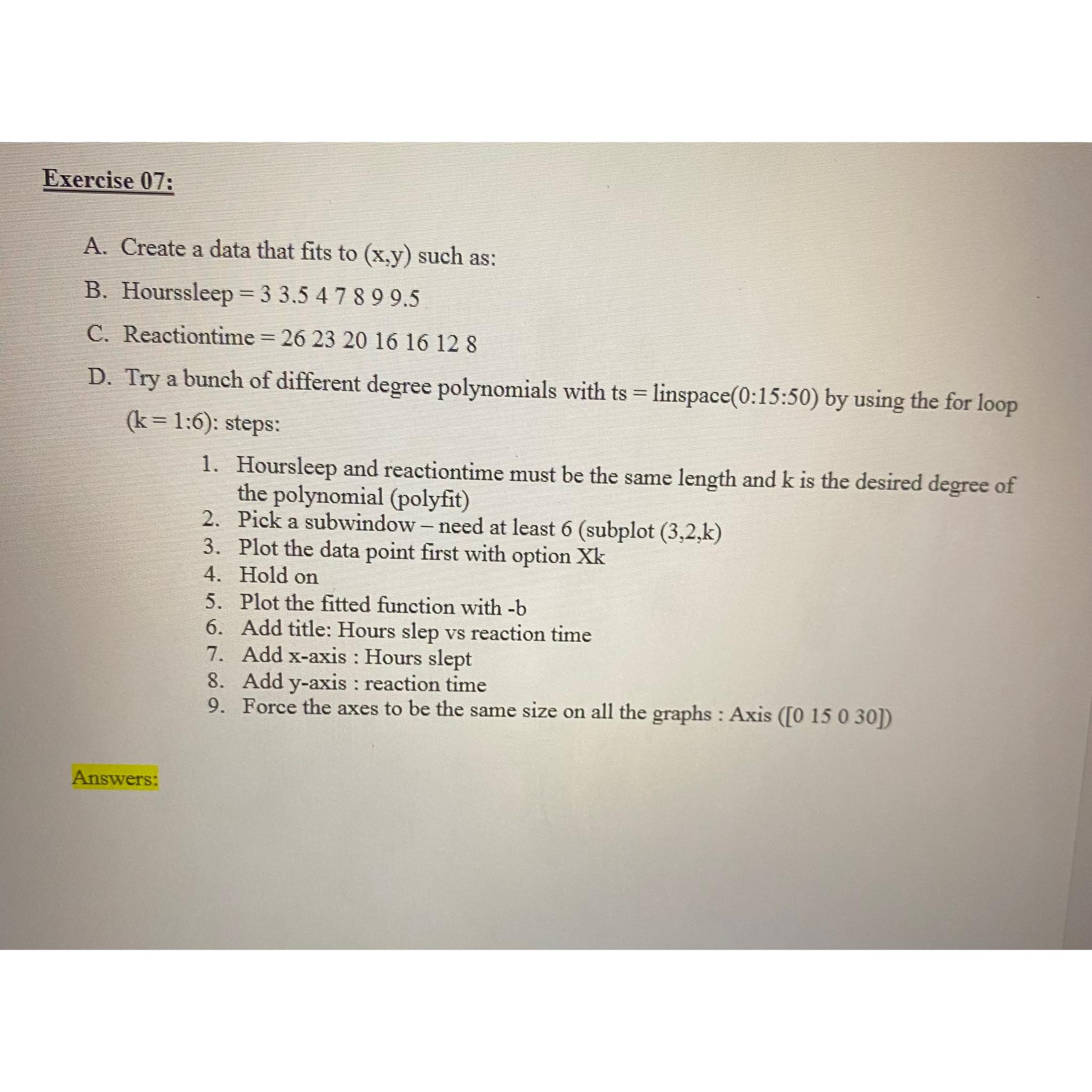 Solved Exercise 07:A. ﻿Create a data that fits to (x,y) | Chegg.com