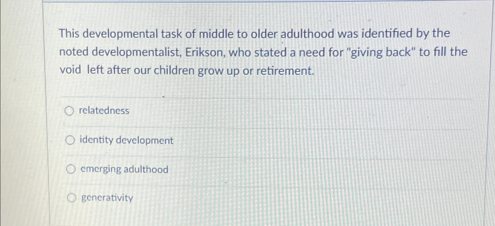 Solved This developmental task of middle to older adulthood | Chegg.com