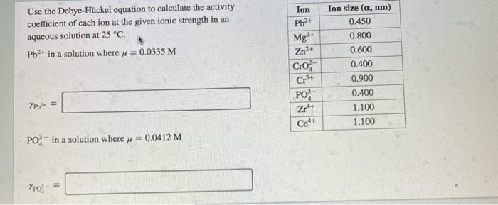 Solved Ion Use the Debye-Huckel equation to calculate the | Chegg.com