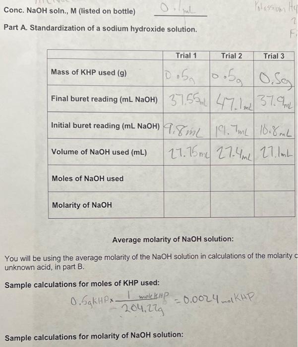 Part A. Standardization of a sodium hydroxide | Chegg.com