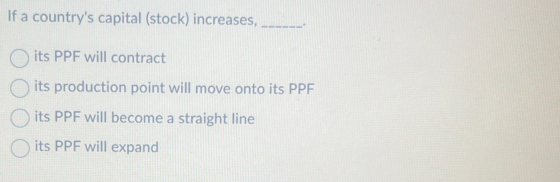 Solved If a country's capital (stock) ﻿increases,its PPF | Chegg.com