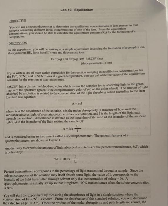 Solved Lab 10. Equilibrium OBIECTIVE You will use a | Chegg.com
