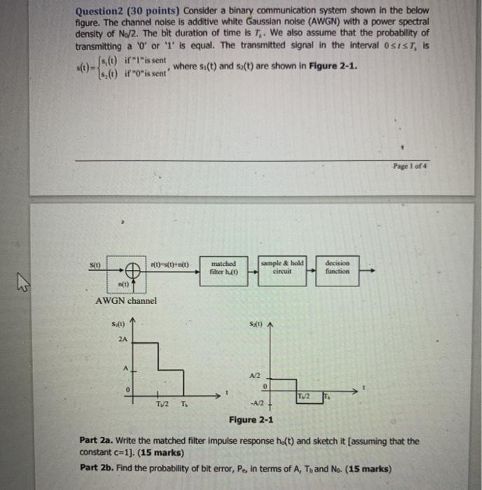 Question2 (30 points) Consider a binary communication | Chegg.com